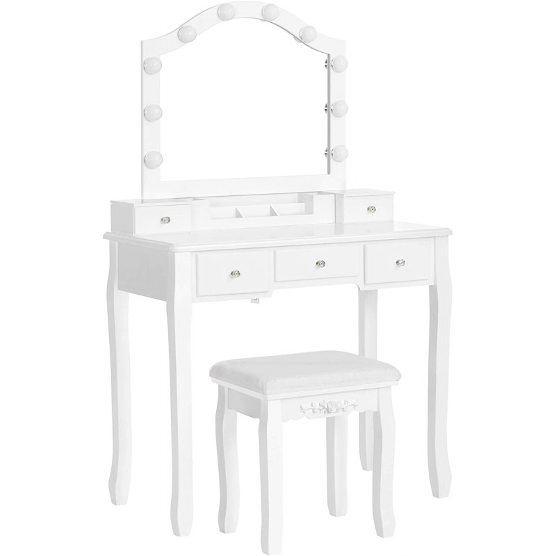 Sminkbord Retro Med Pall, 10 Lampor, 5 Lådor - Vit