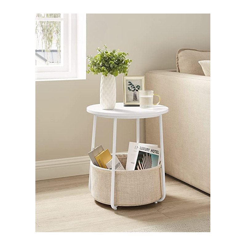 Runt Sidobord med Tygkorg 45 x 50 cm Vit-Beige