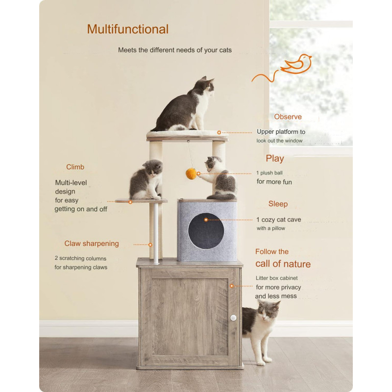 Lyx Klösträd med Stor katthus i trä 118 cm Greige