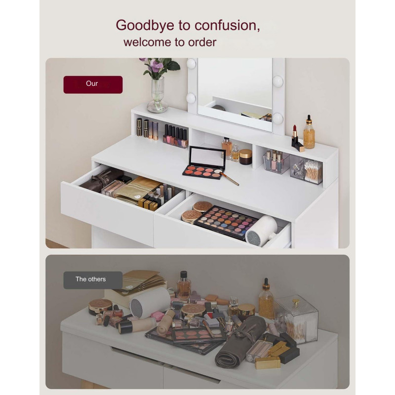 Sminkbord med Spegel, LED Belysning, 2 Lådor, 3 Fack 100 x 40 x 145 cm