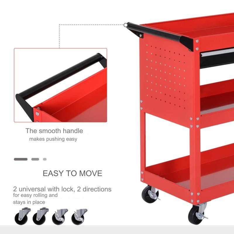 Verktygsvagn 3 Hyllplan med Låda 82 x 35 x 76 cm 60 kg Röd