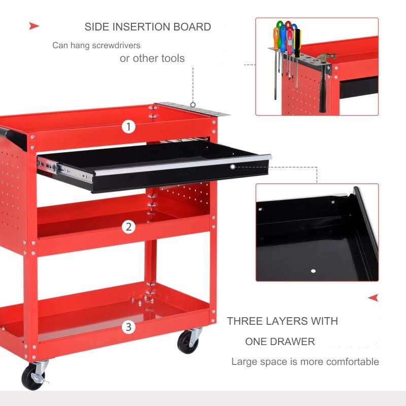 Verktygsvagn 3 Hyllplan med Låda 82 x 35 x 76 cm 60 kg Röd