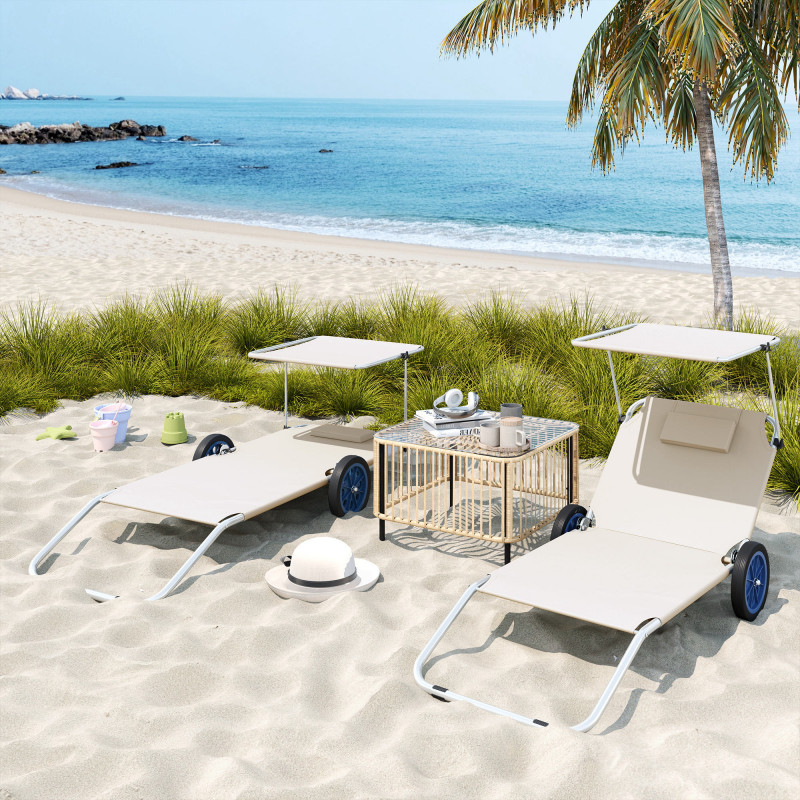 Solstol Set med Solskydd – 2 Fällbara Strandsäng med Justerbart Ryg...